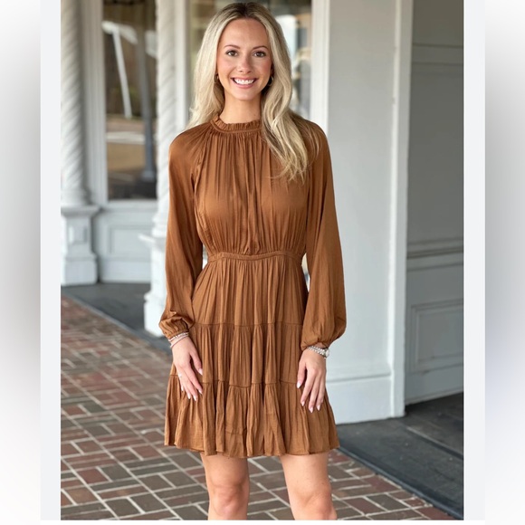 Pinch | Dresses | Pinch Tiered Ling Sleeve Satin Mini Dress In Mocha ...